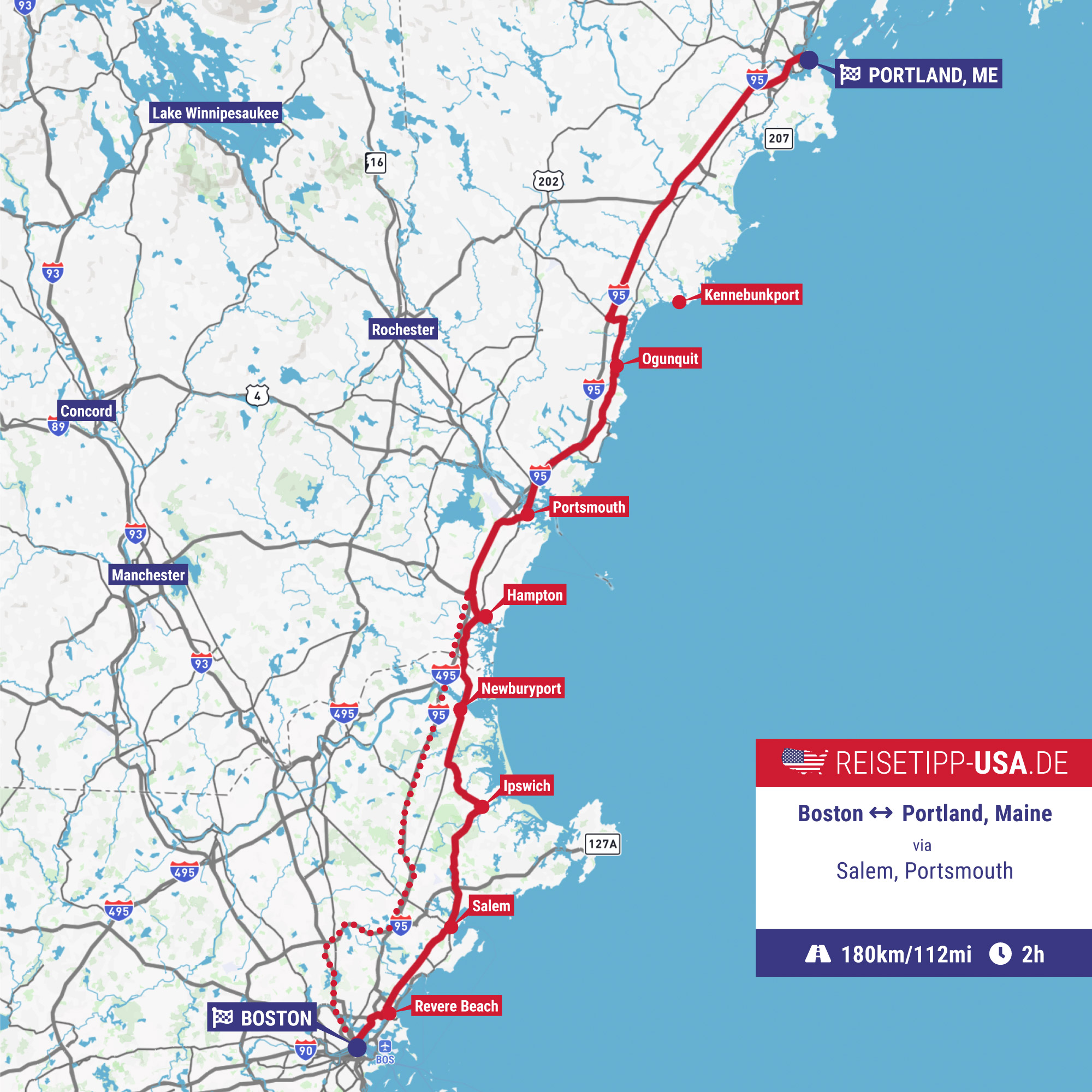 Von Boston nach Portland, ME: Die Route im Detail
