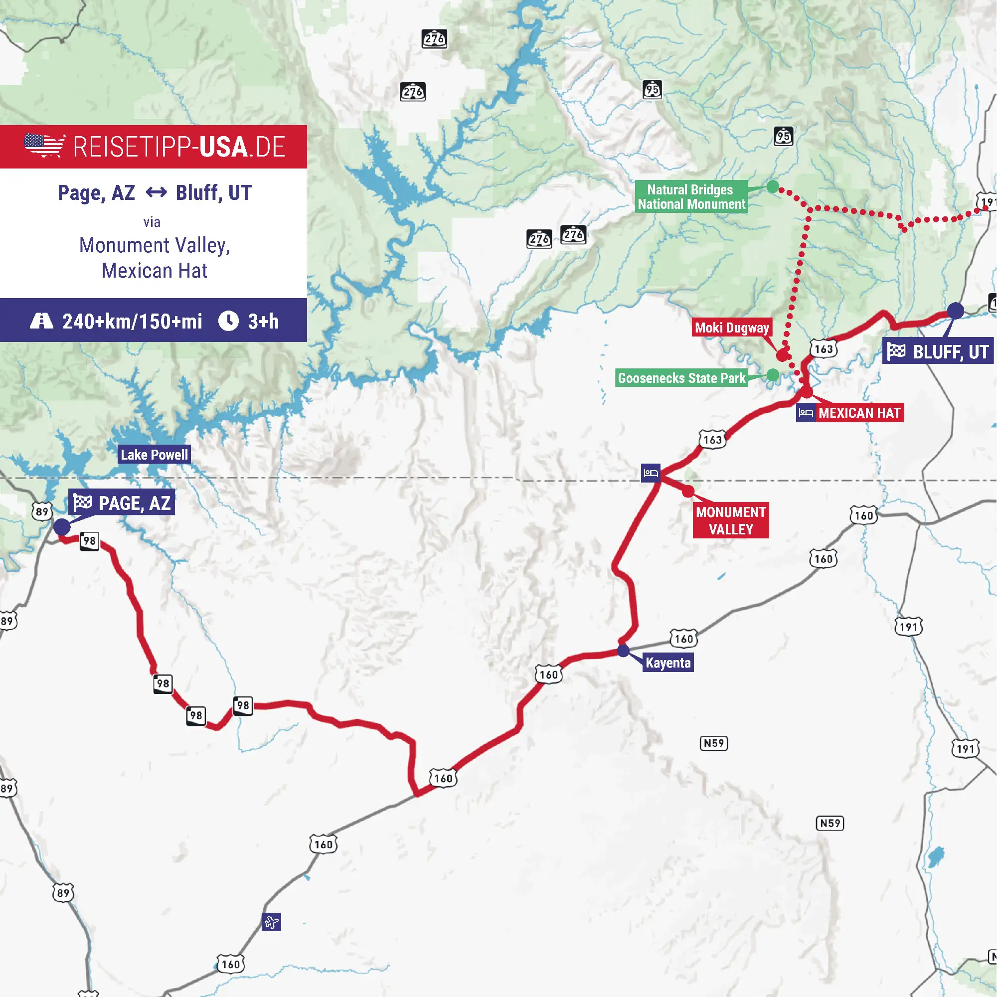 Route von Page, AZ nach Bluff, UT | via Cameron & Marble Canyon