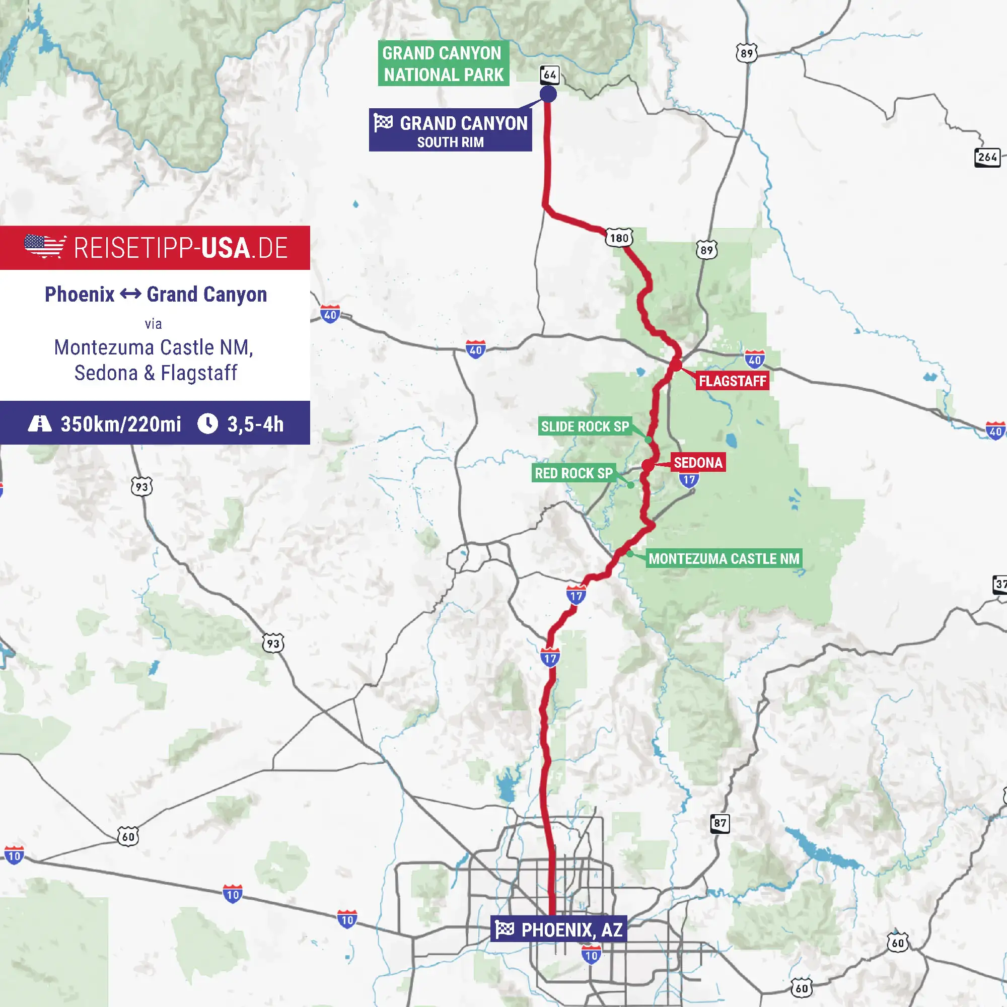 Route von Phoenix zum Grand Canyon | via Sedona & Flagstaff